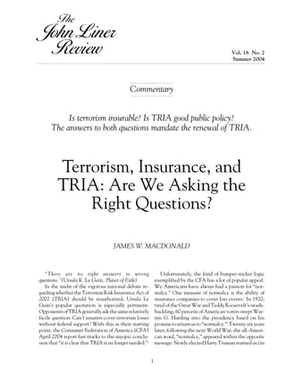 Terrorism, Insurance & TRIA: Are we asking the right questions? | PDF