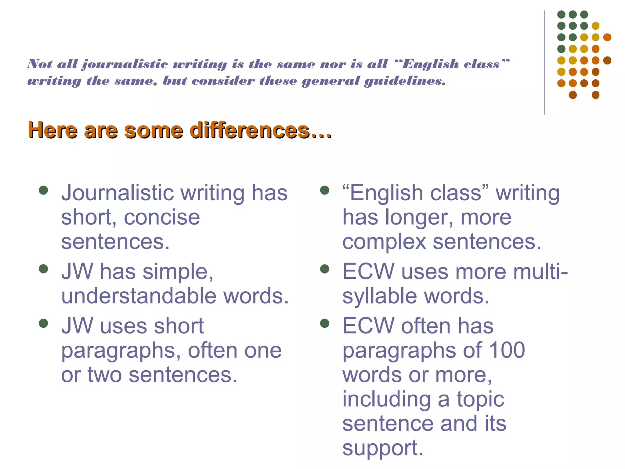 Journalistic Writing vs. "English Class" writing | PPT