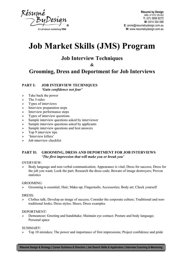 Job Market Skills (JMS) Program - Job Interview Techniques | PDF | Resume Writing and Advice ...