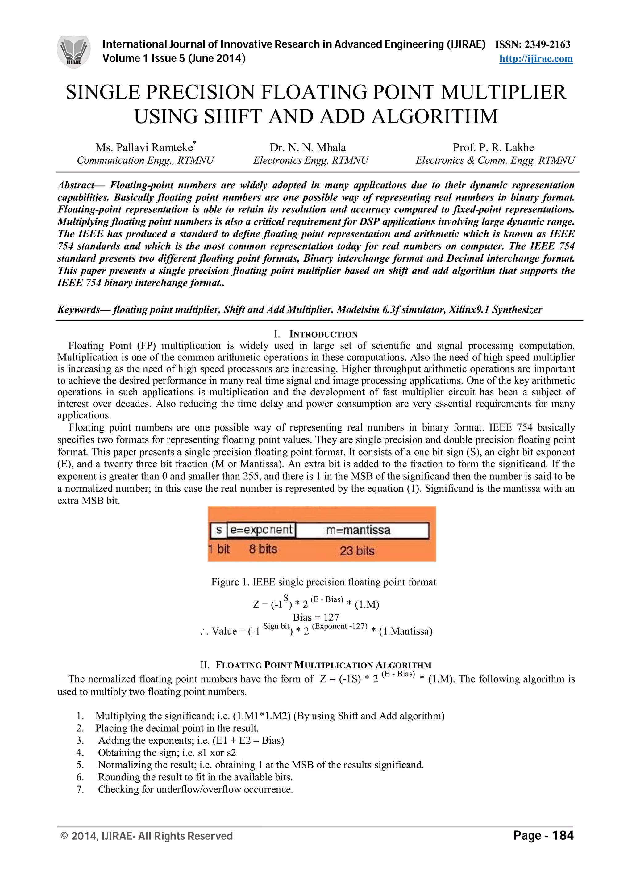 Single Precision Floating Point Multiplier Using Shift And Add Algorithm Pdf