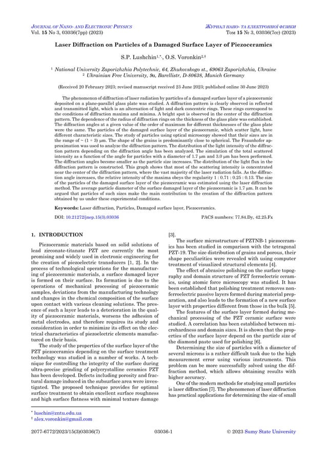 O. Voronkin, S. Lushchin. Laser Diffraction on Particles of a Damaged Surface Layer of ...