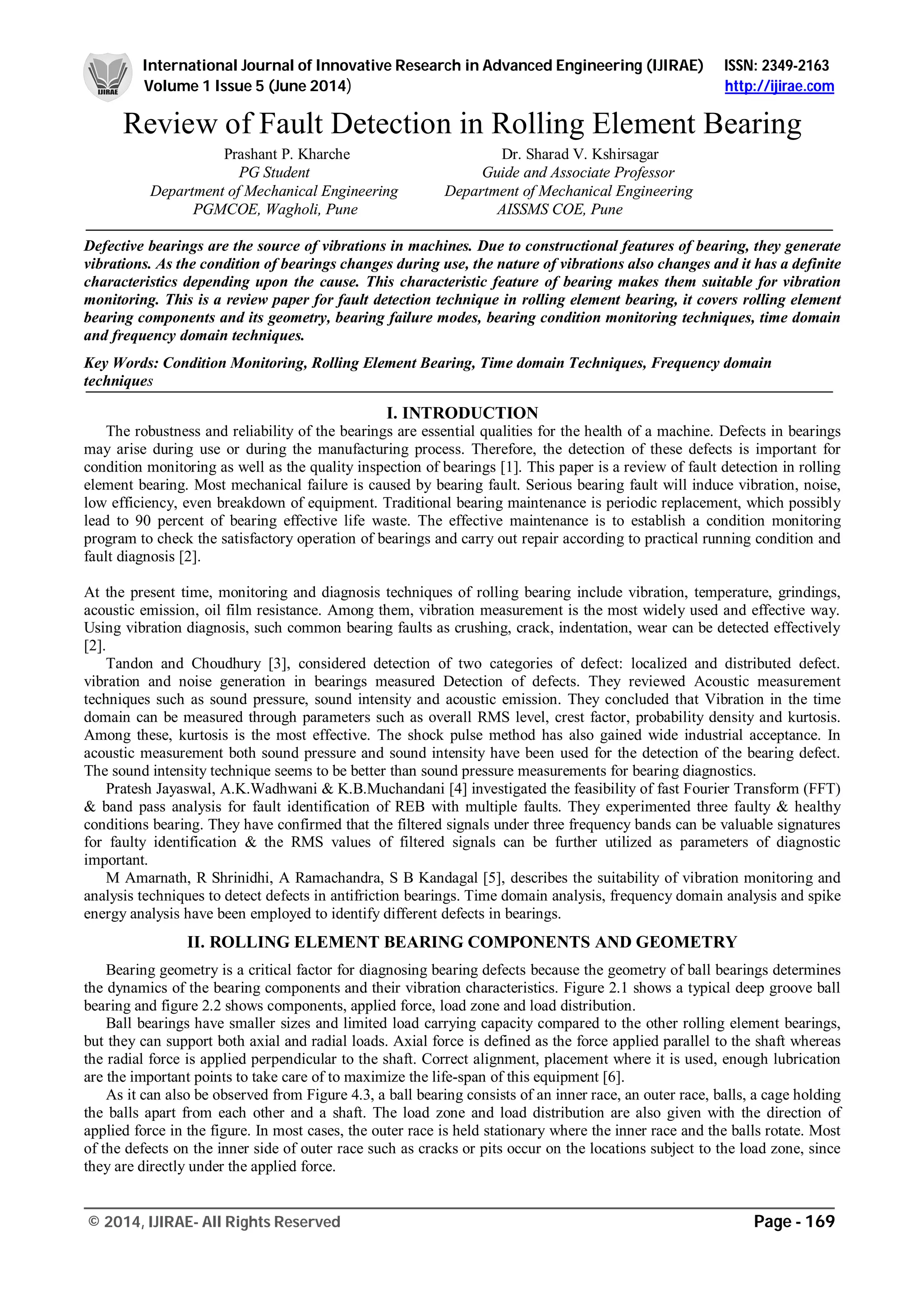 Review of Fault Detection in Rolling Element Bearing | PDF