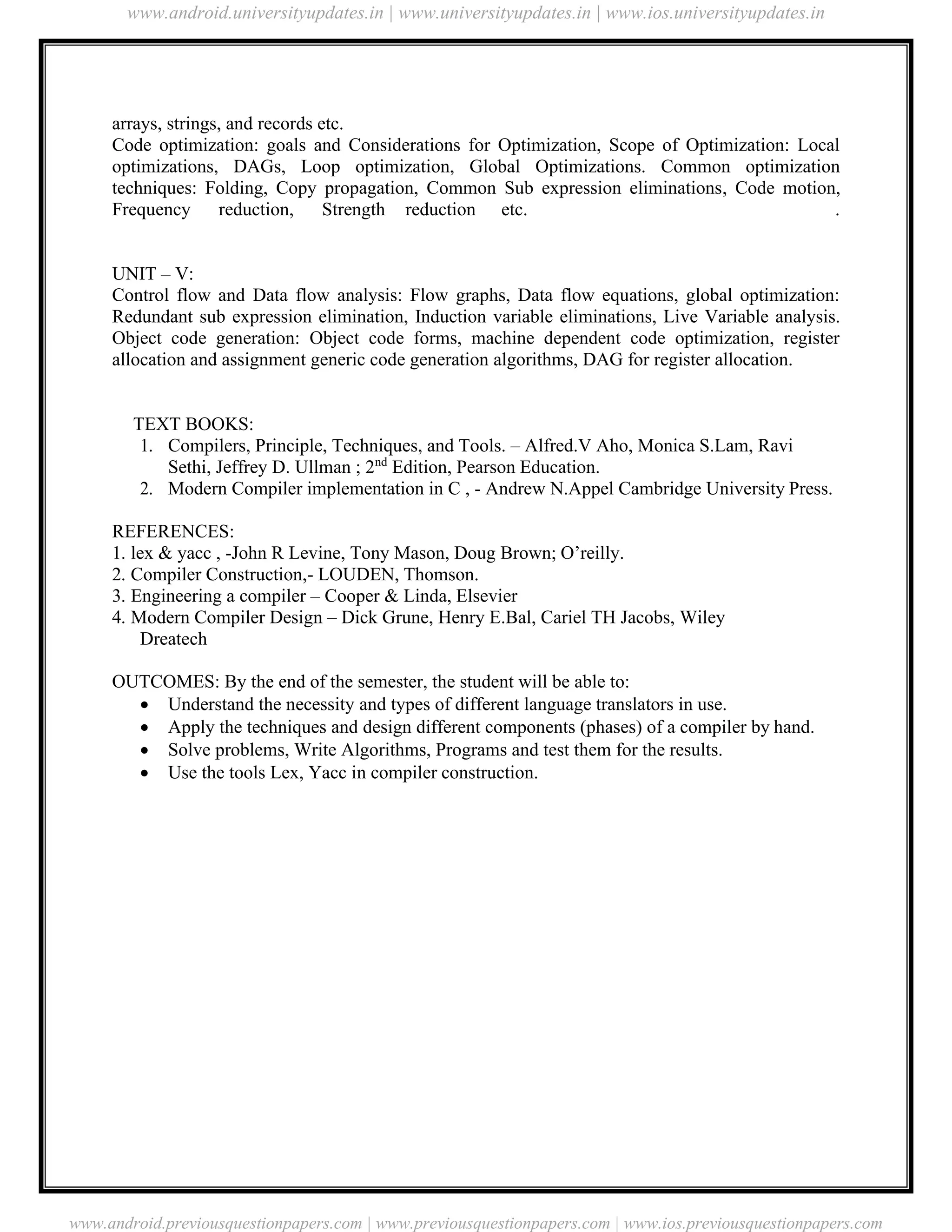 JNTUA COMPILER DESIGN Notes.pdf,for all units | PDF