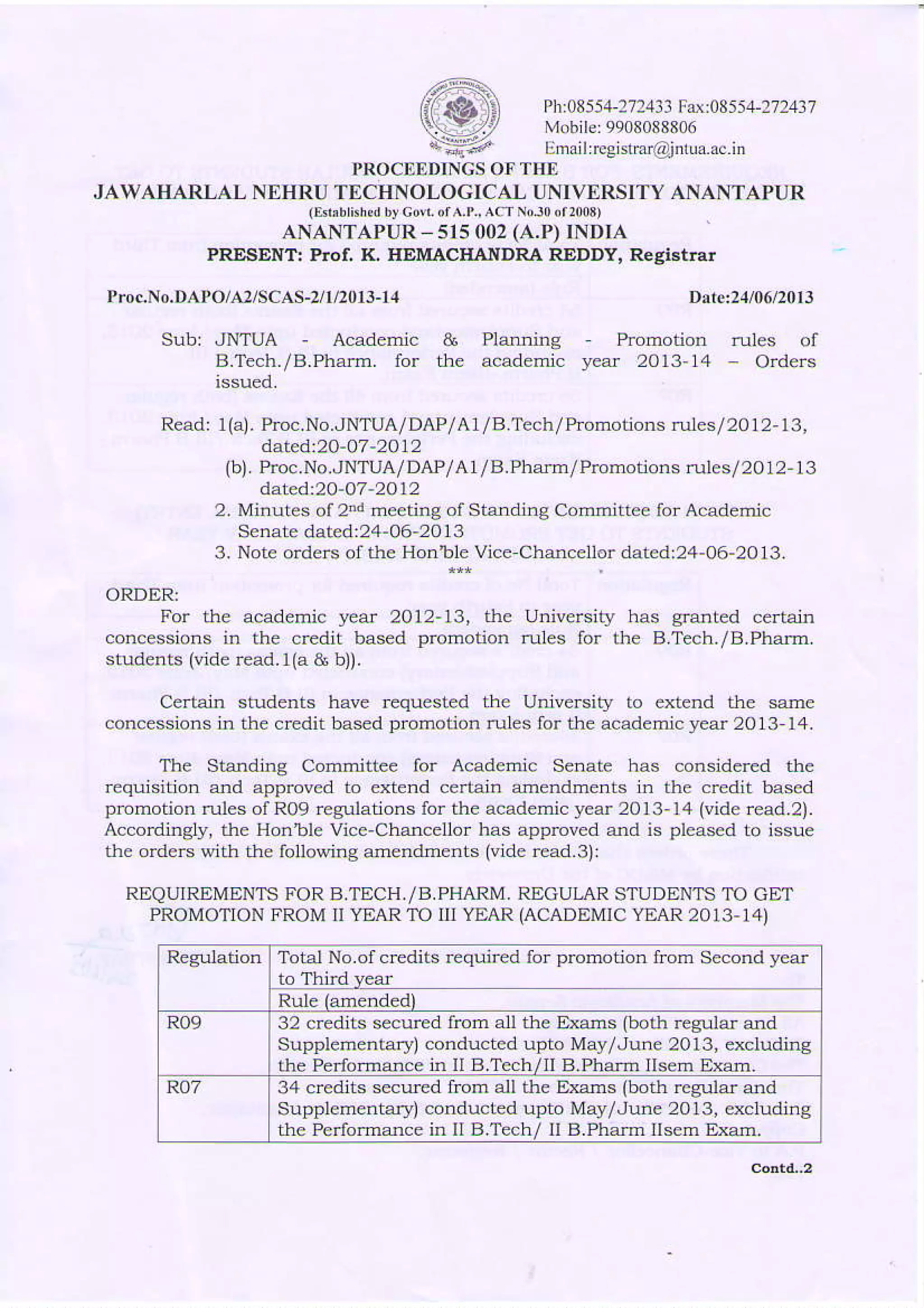 JNTUA PROMOTION RULES FOR LACK OF CREDITS STUDENTS | PDF