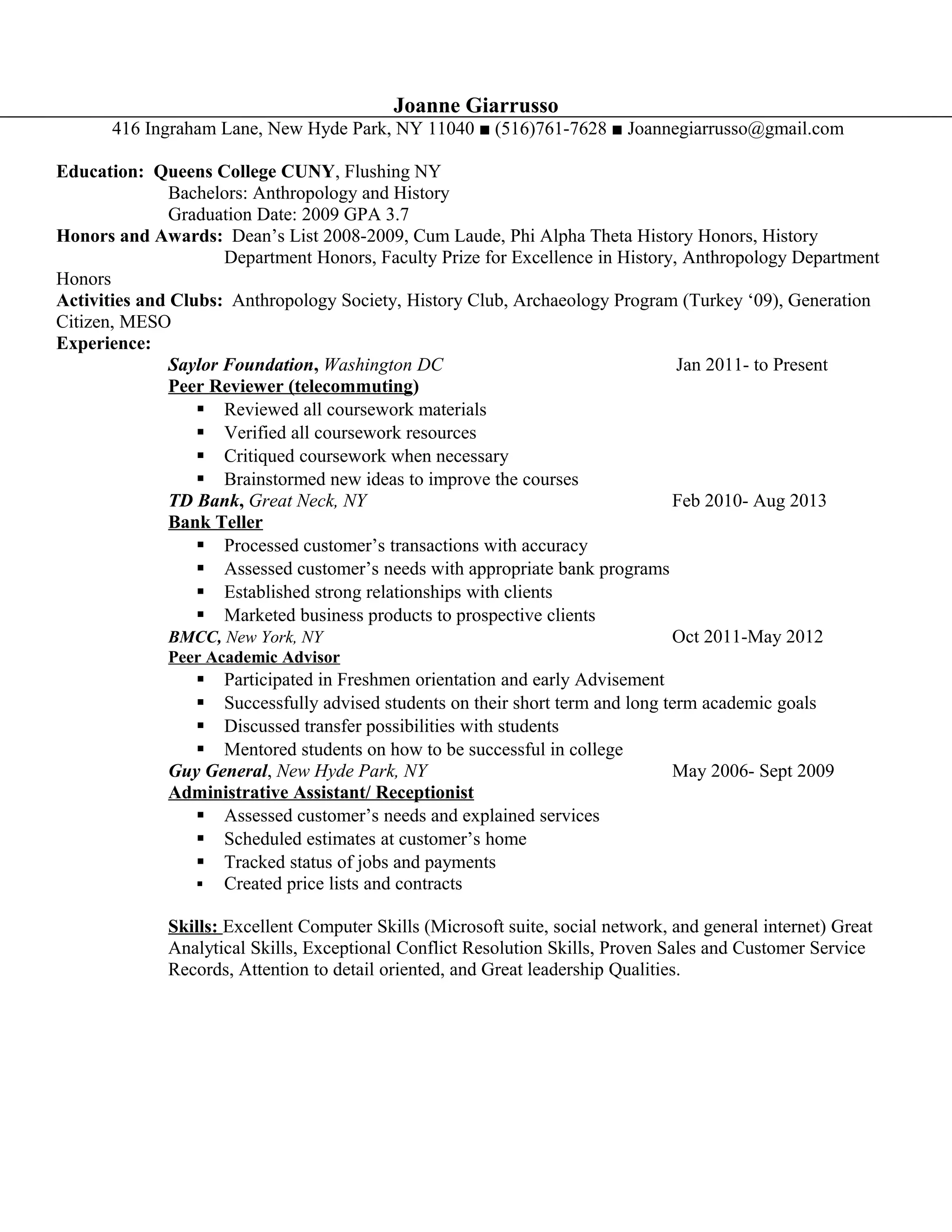 Joanne giarrusso resume[1] | DOC | College Education | Education