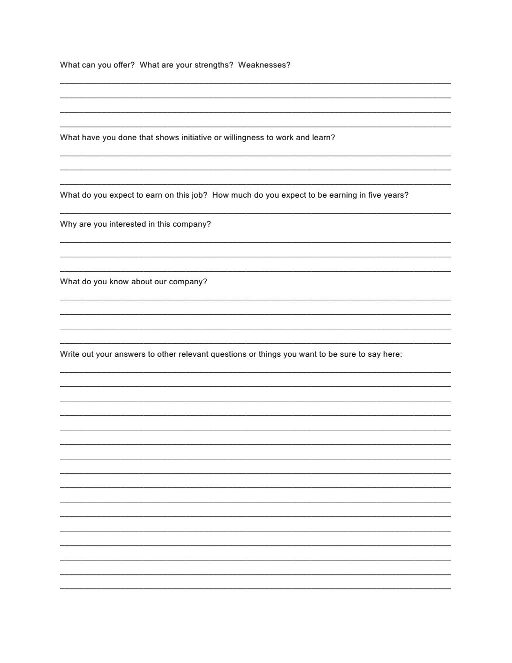 Job Interview Questions Worksheet job-interview-questions-worksheet