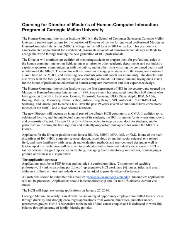 Opening for Director of Masters of Human Computer Interaction Program ...