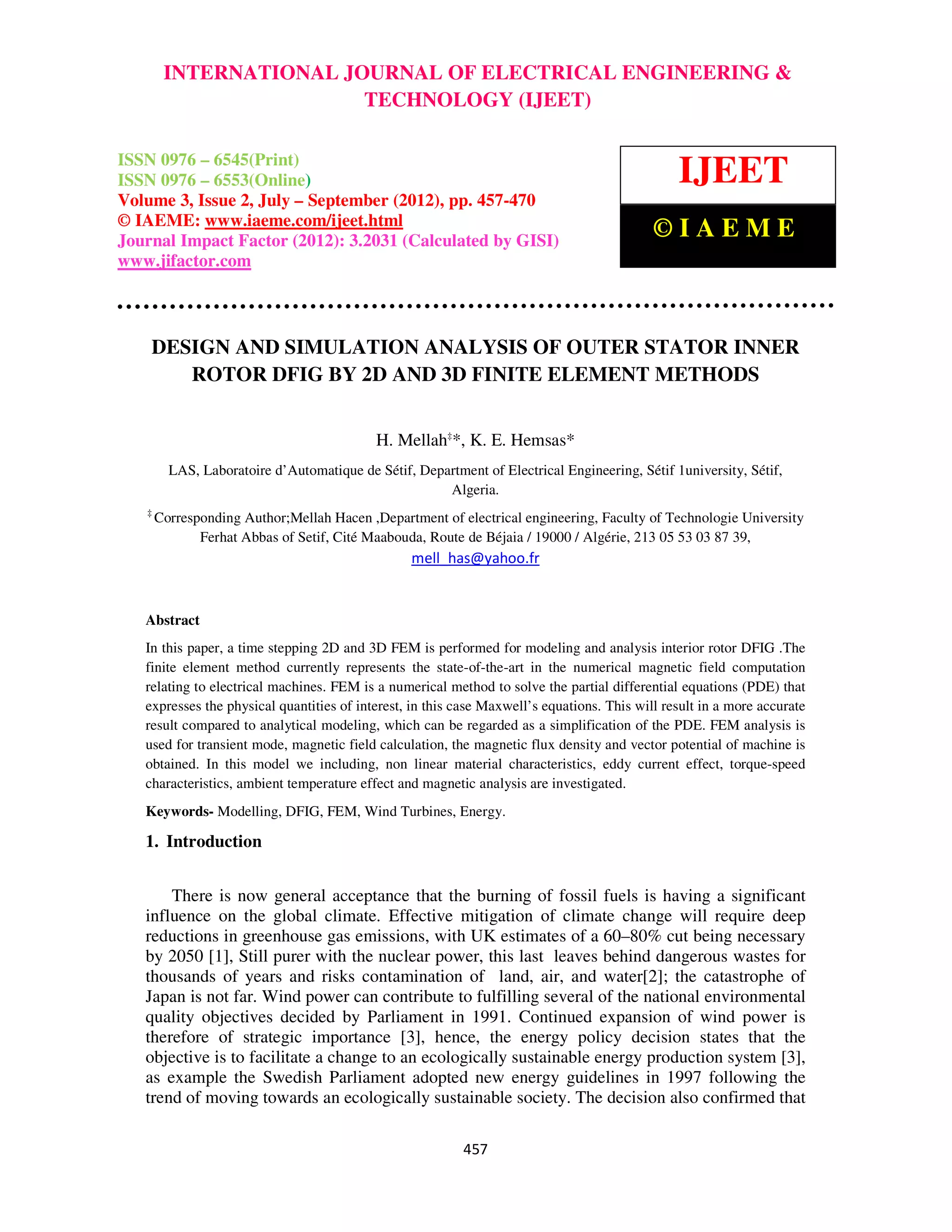 Design and simulation analysis of outer stator inner rotor DFIG by 2d ...