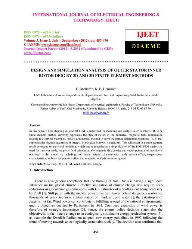 Design and simulation analysis of outer stator inner rotor DFIG by 2d and 3d finite element ...