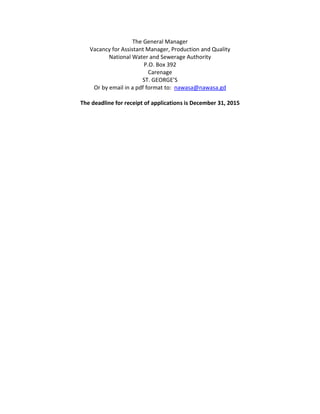 Nawasa Job Vacancy – ASSISTANT MANAGER PRODUCTION & QUALITY DEPARTMENT ...
