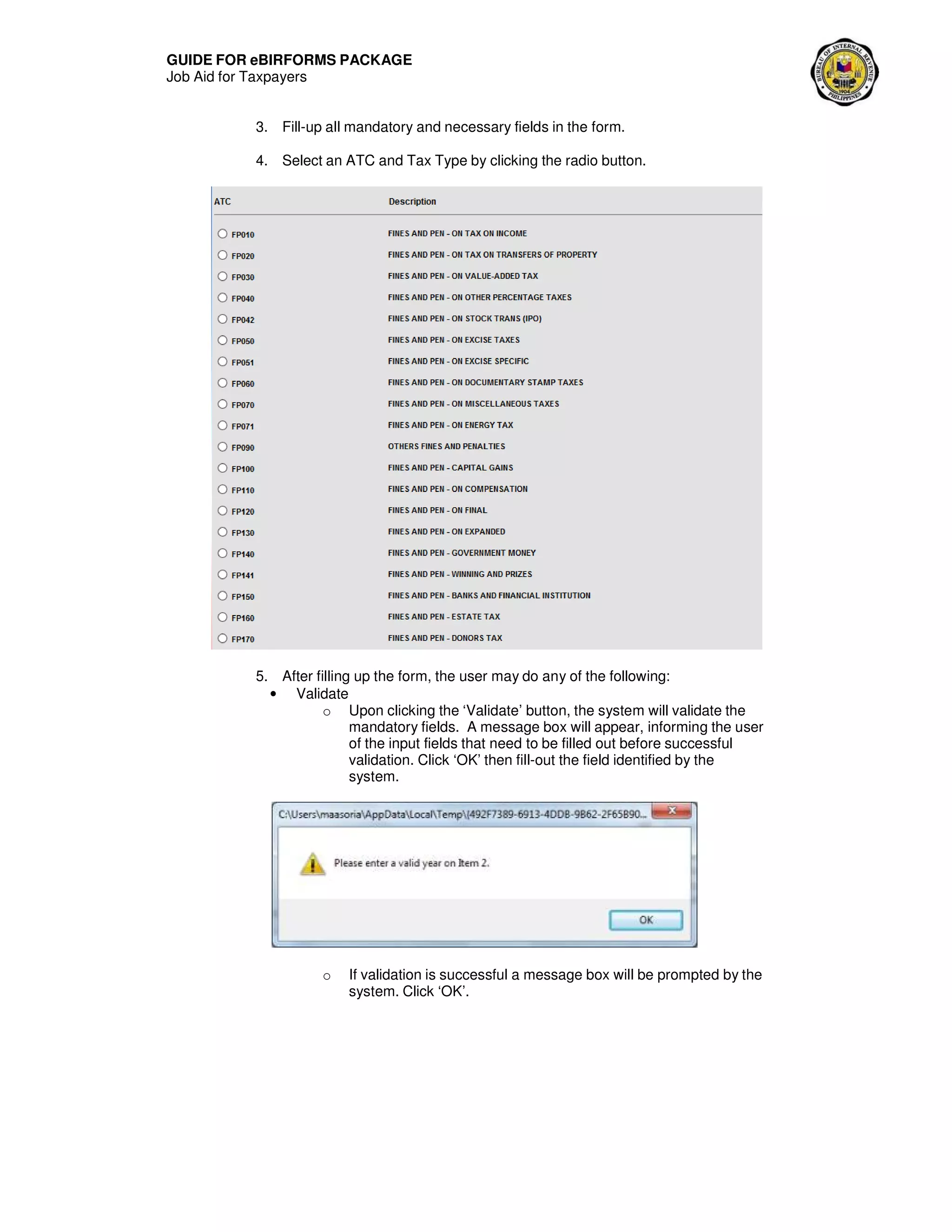 Job aid for taxpayers how to use the e bir-forms package | PDF
