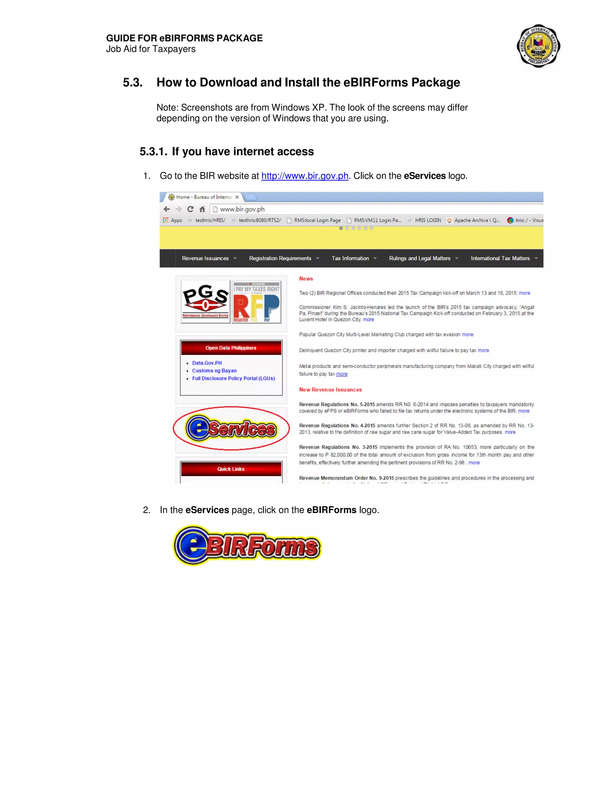 Job aid for taxpayers how to use the e bir-forms package | PDF