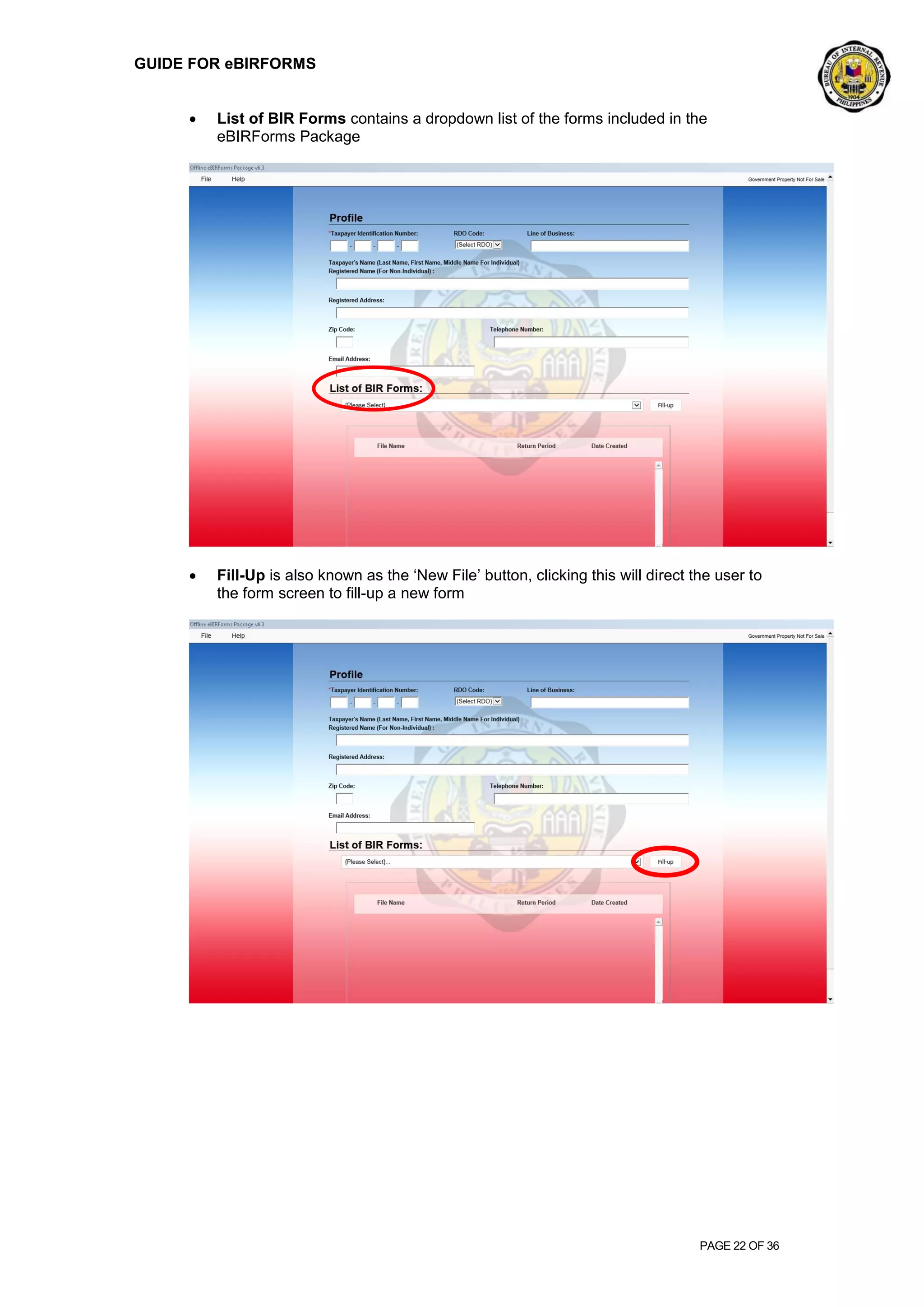 Job aid for the use of offline e bir forms package | PDF