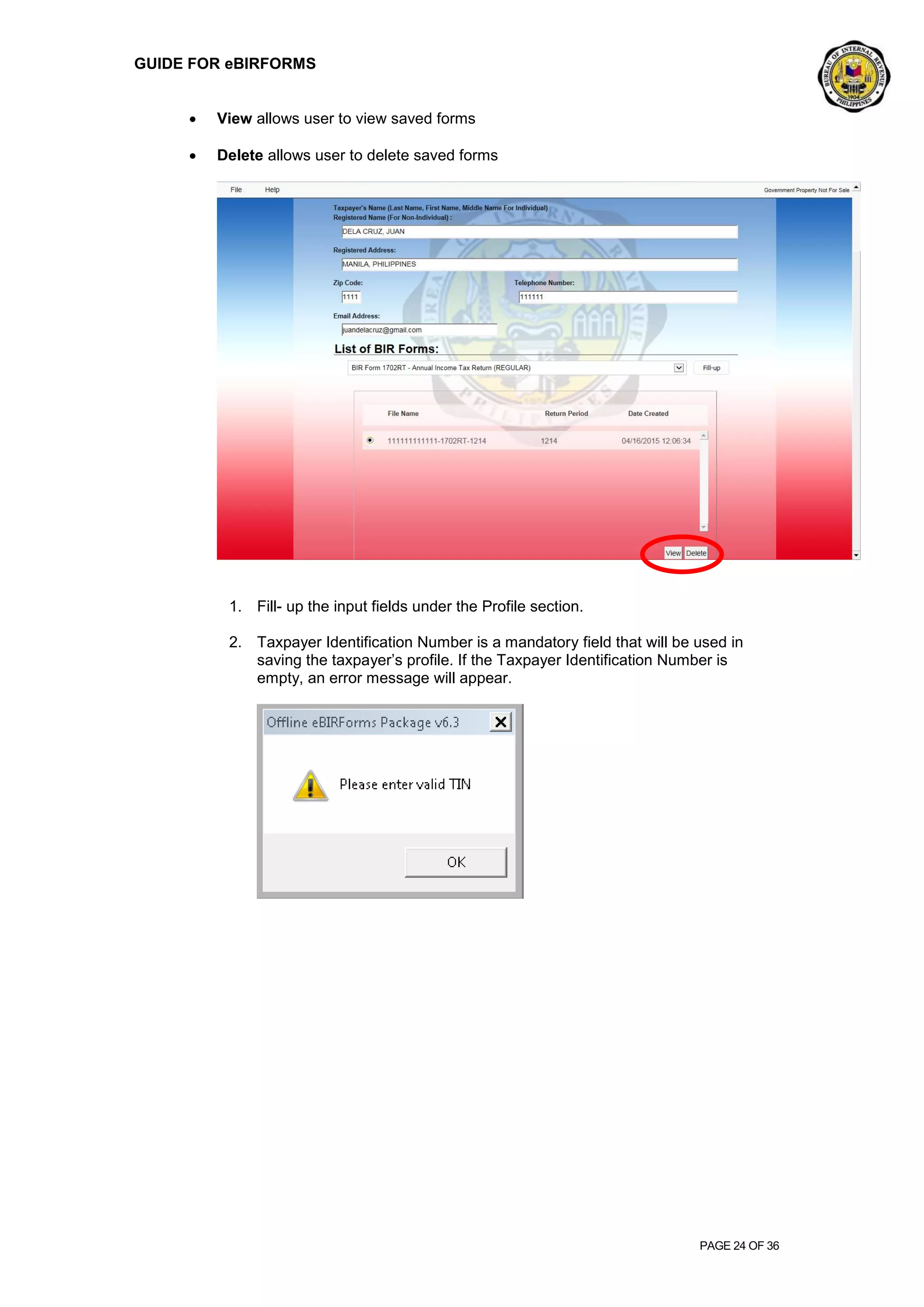 Job aid for the use of offline e bir forms package | PDF