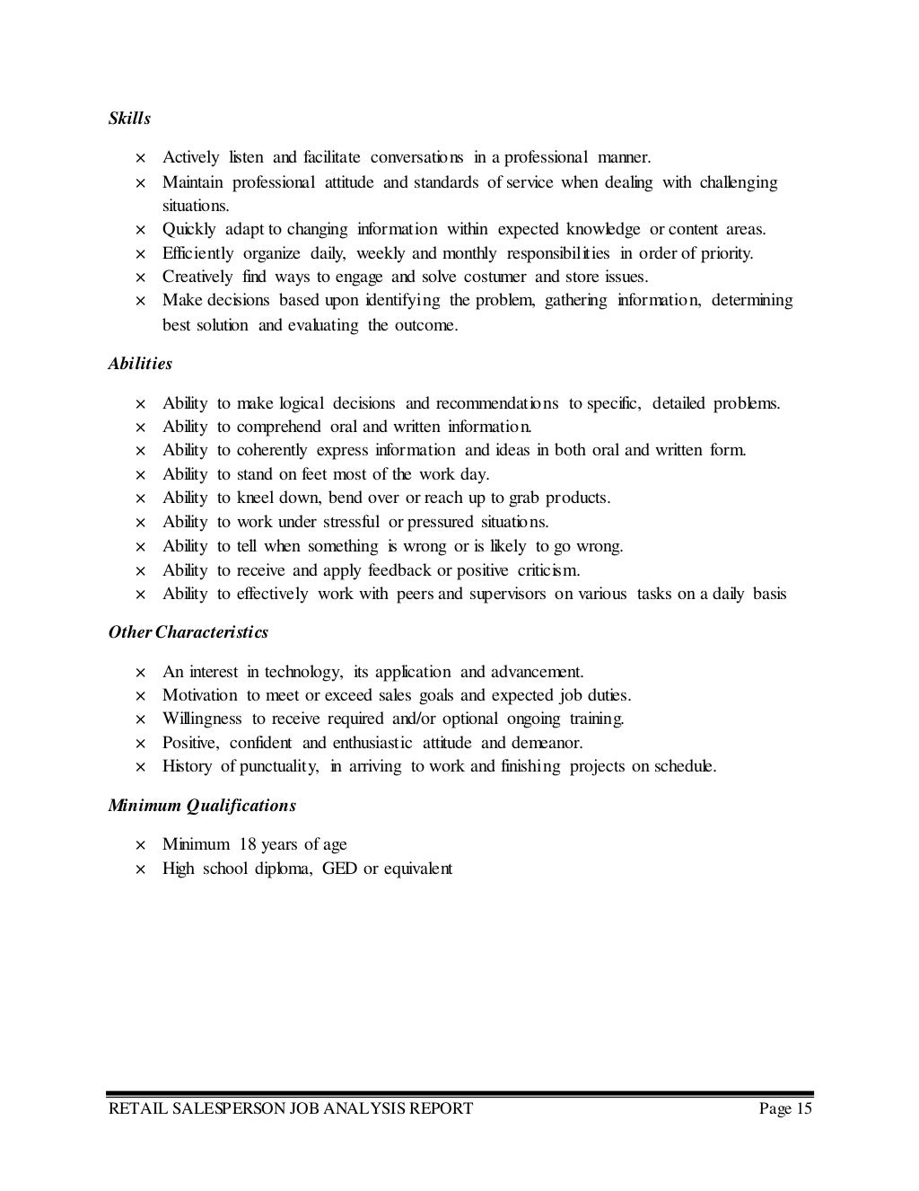 Job Analysis Report - Retail Salesperson Job Analysis Report - Retail Salesperson