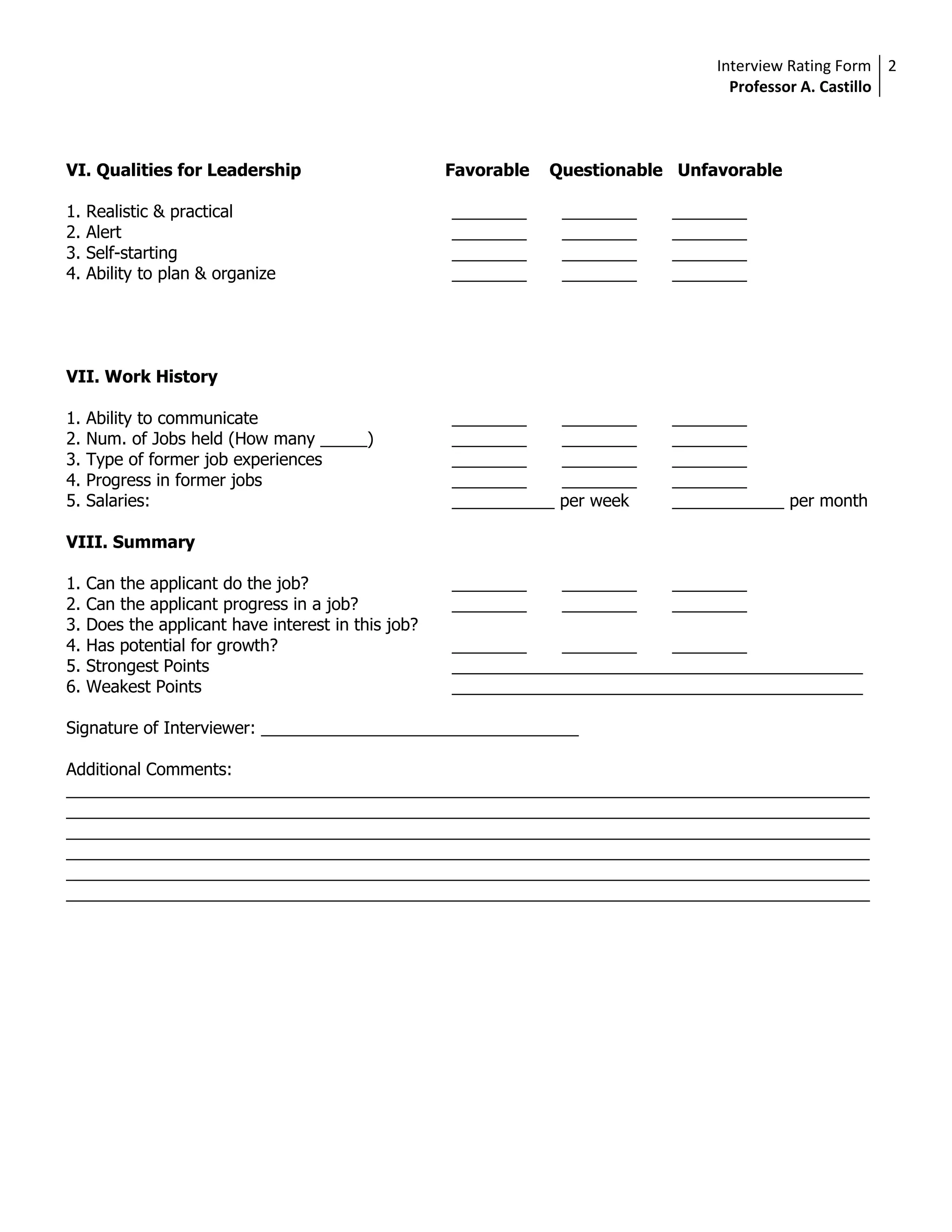 Job applicant rating form | DOCX