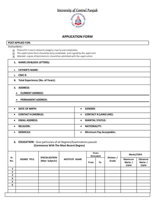 Job Application Form For Teaching & Professor Post - Format | DOCX