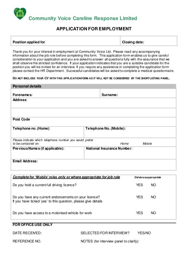 Community Voice Ltd Application Form