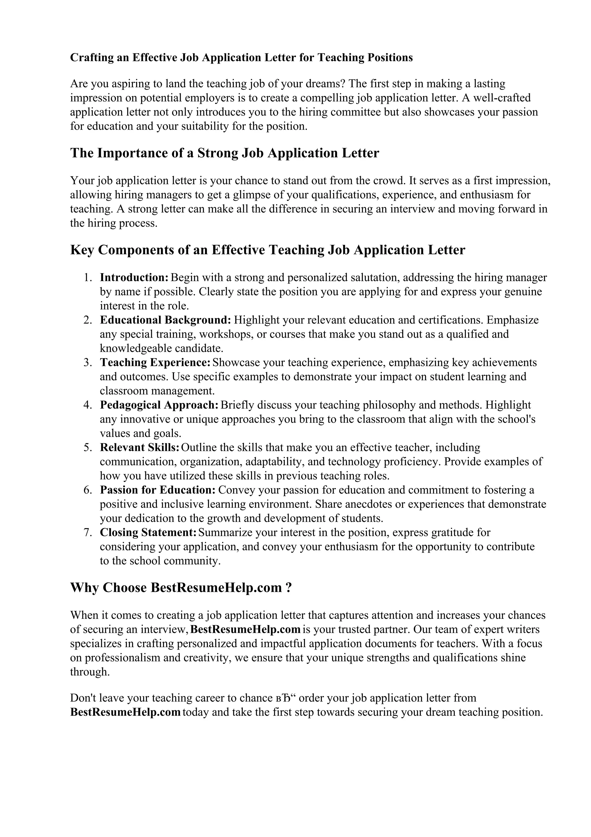 Job Application Letter To Teacher | PDF