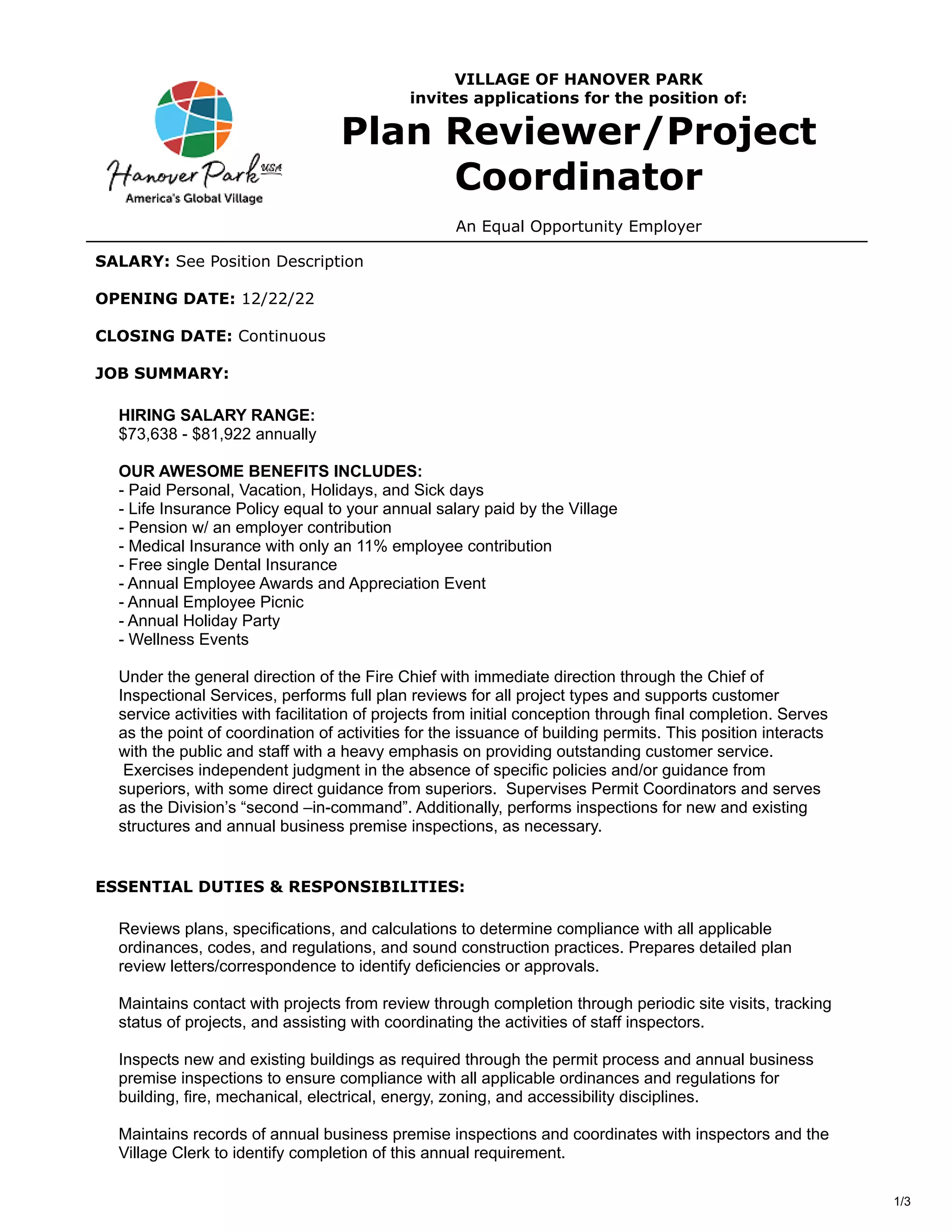 Village of Hanover Park Plan Reviewer/Project Coordinator | PDF