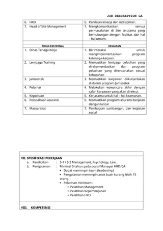 JOBDESC GA DENGAN KPI.docx lengkap sekali | PDF