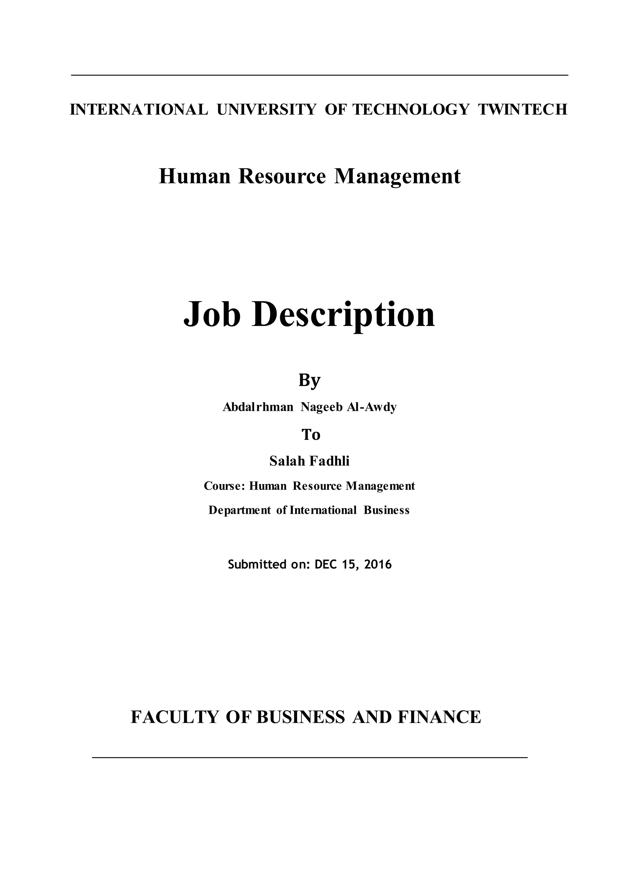 ‫Job description-Human Resource Management | DOCX