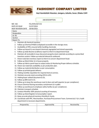 Chemical Management System job Description | DOCX