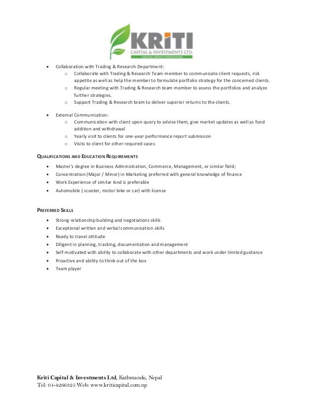 Job Description Client Relationship Officer Job Description Client Relationship Officer