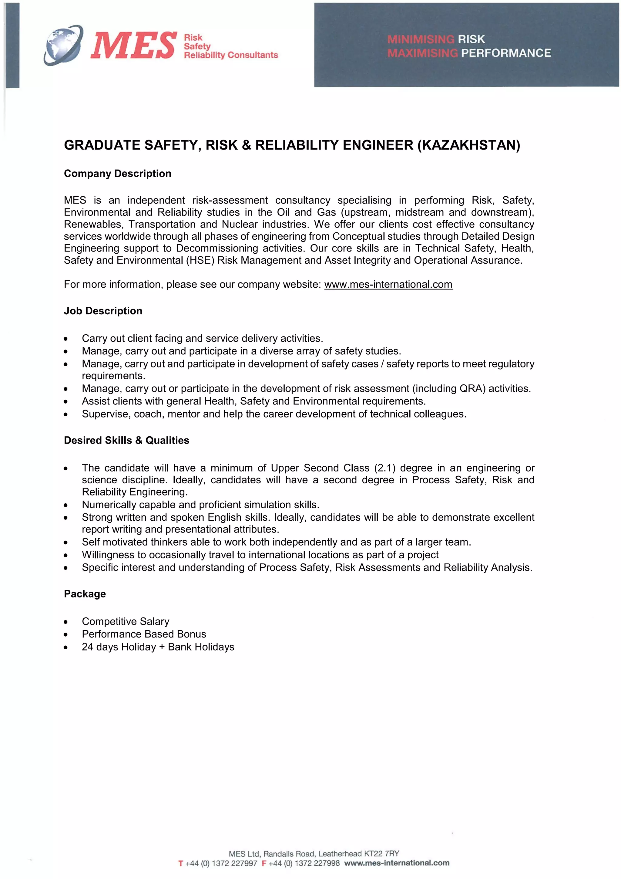 Graduate Safety Risk & Reliability Engineer (Kazakhstan) | PDF