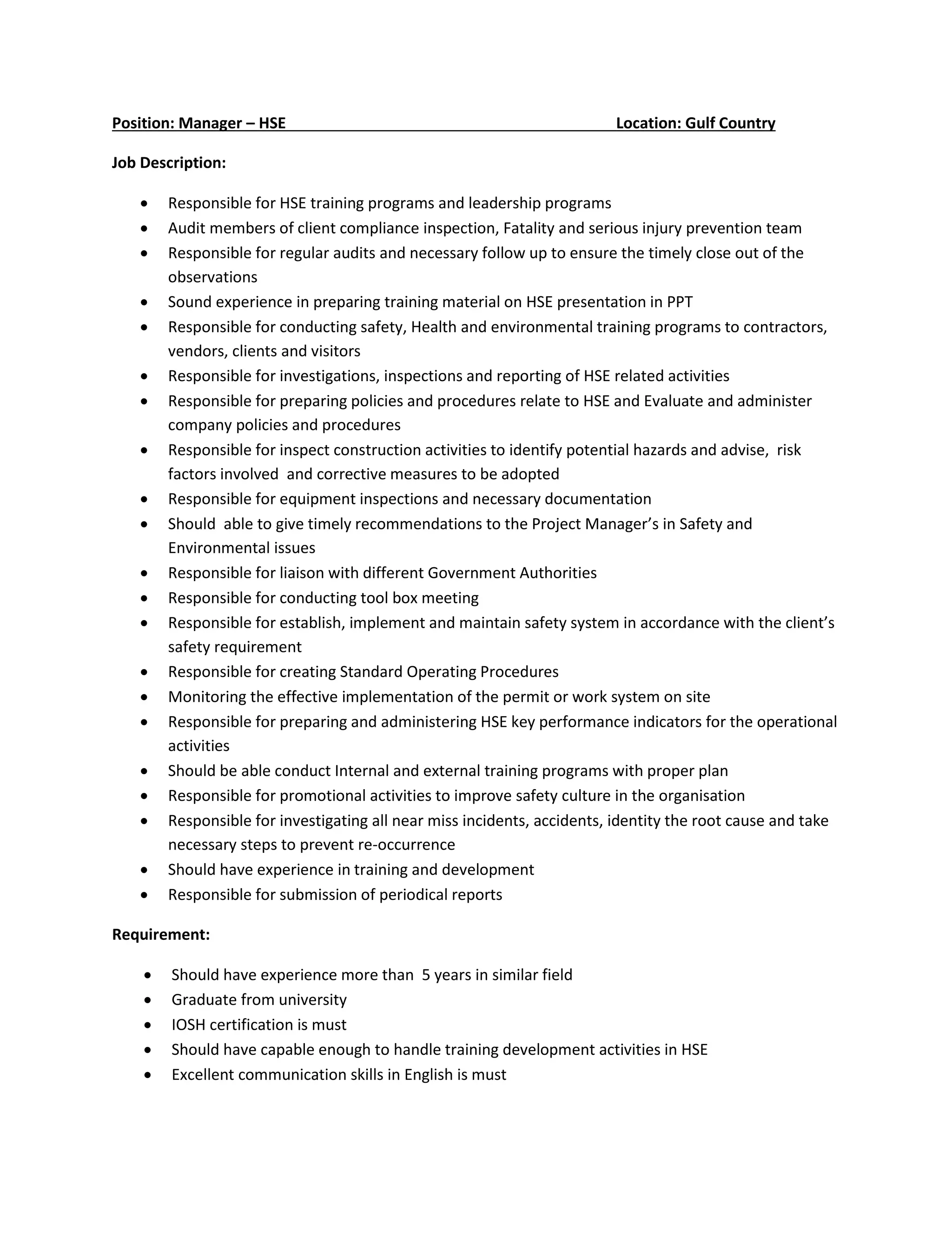 Job description hse | DOCX | Business | Business and Finance