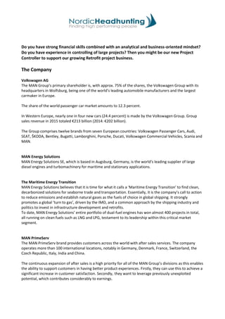 Job description Project Controller - MAN Energy Solutions - PrimeServ ...