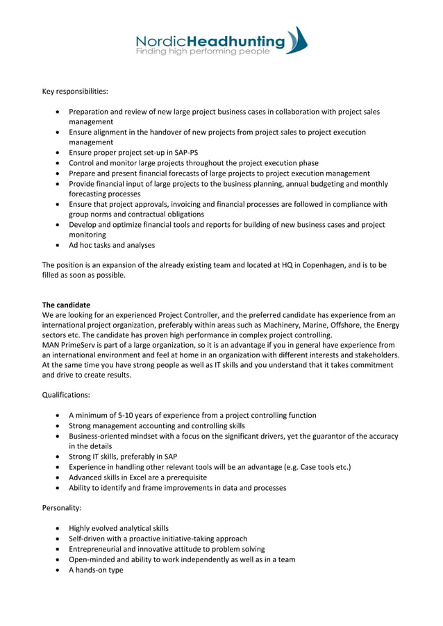 Job description Project Controller - MAN Energy Solutions - PrimeServ ...