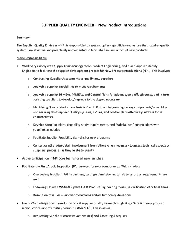 Supplier Quality Engineer | PDF