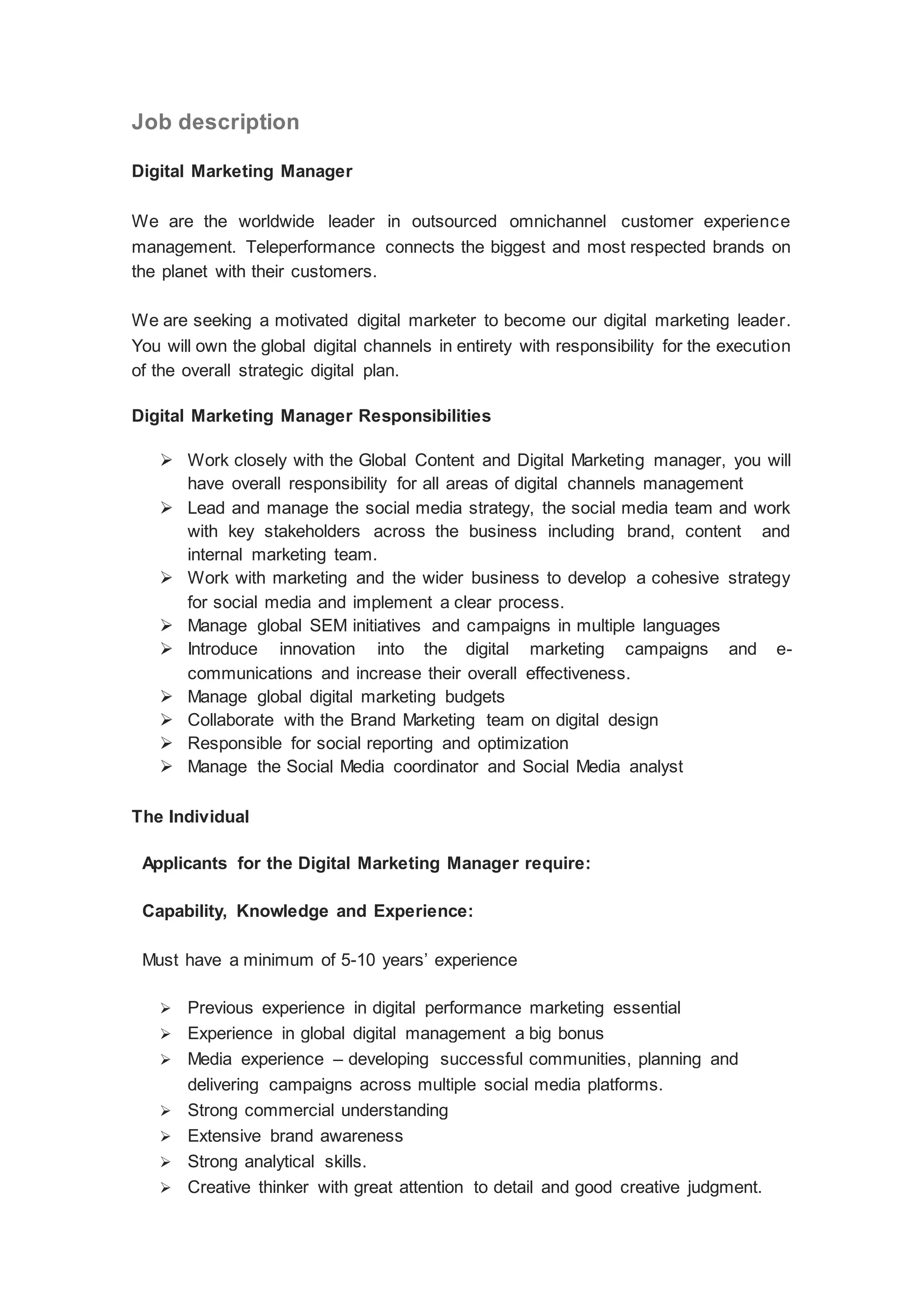 Job description digital manager | DOCX