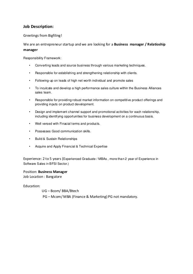 Opening for the position of Business Manager (Software Industry)