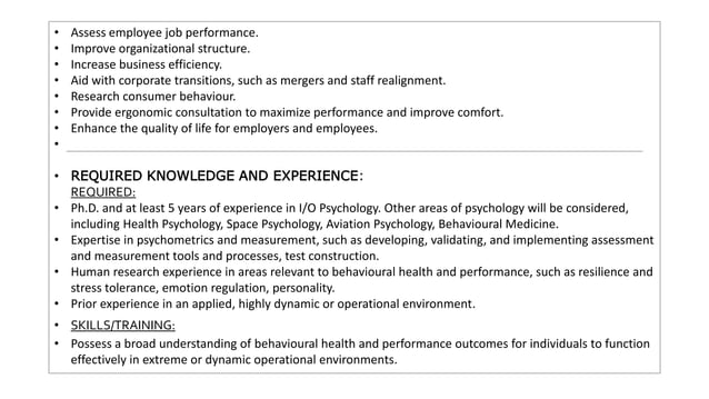 Job description & job specification for I/O Psychologist | PPT