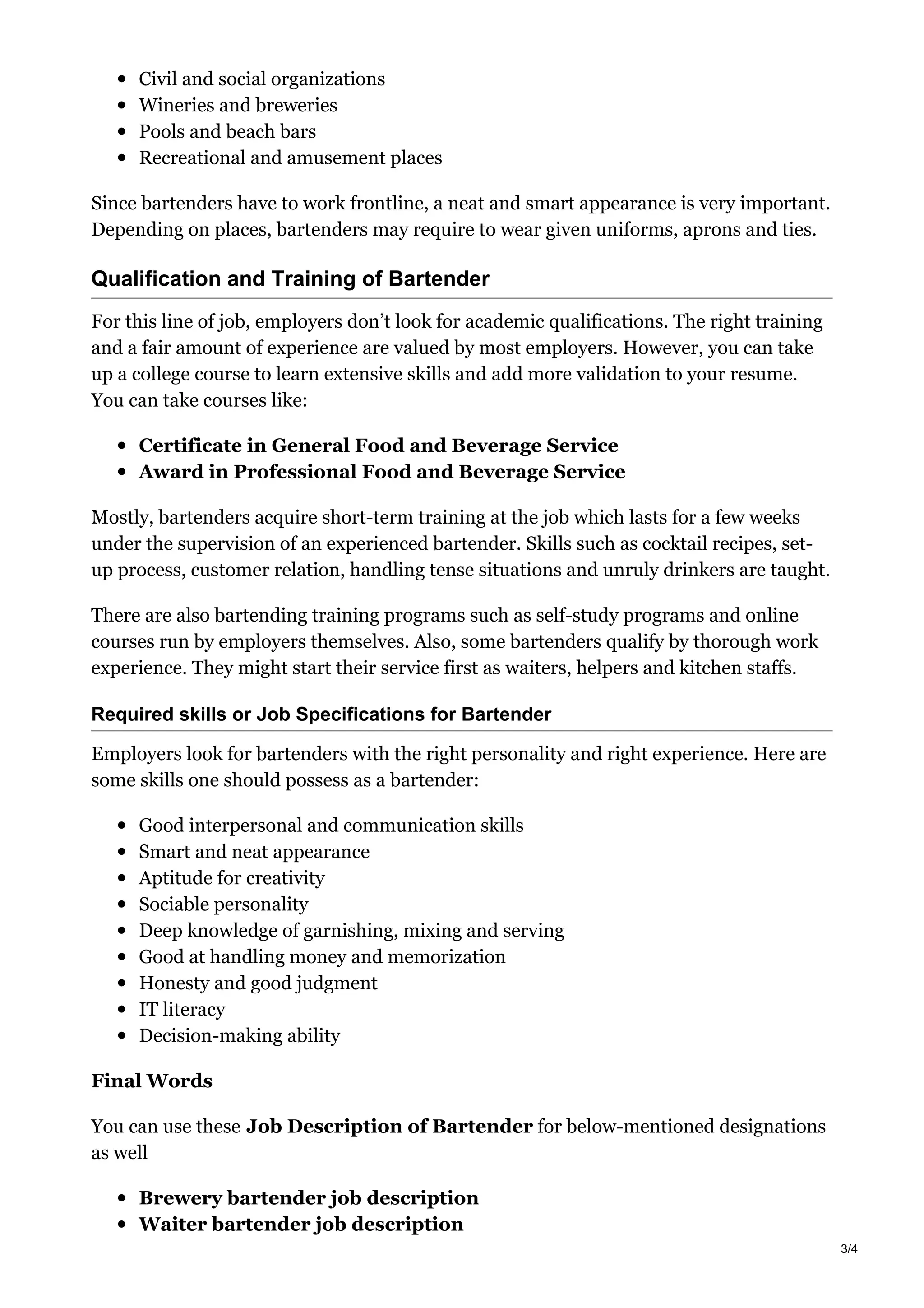 Job description of bartender example amp template | PDF