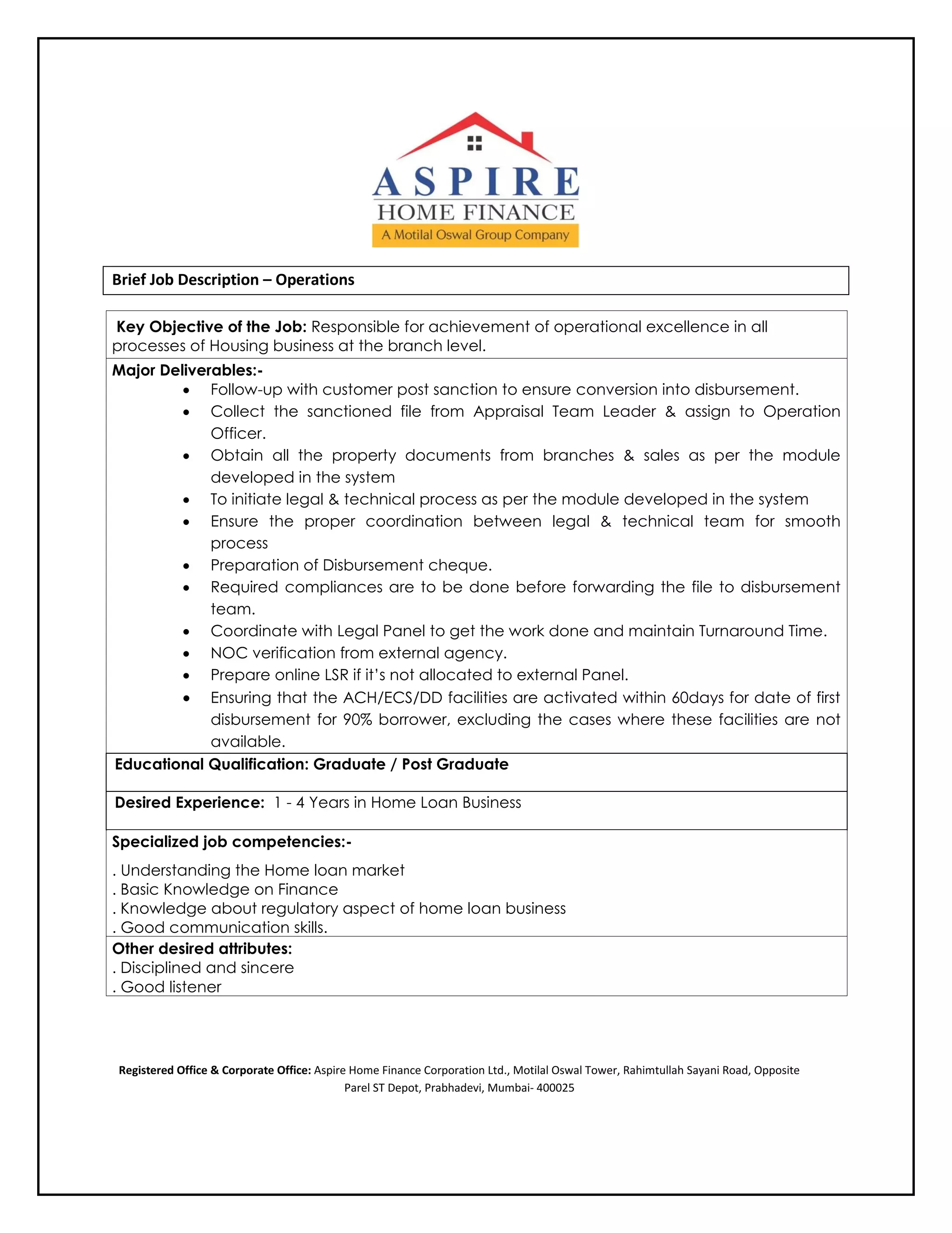 Job Description for Operations Executive | PDF | Home Financing ...