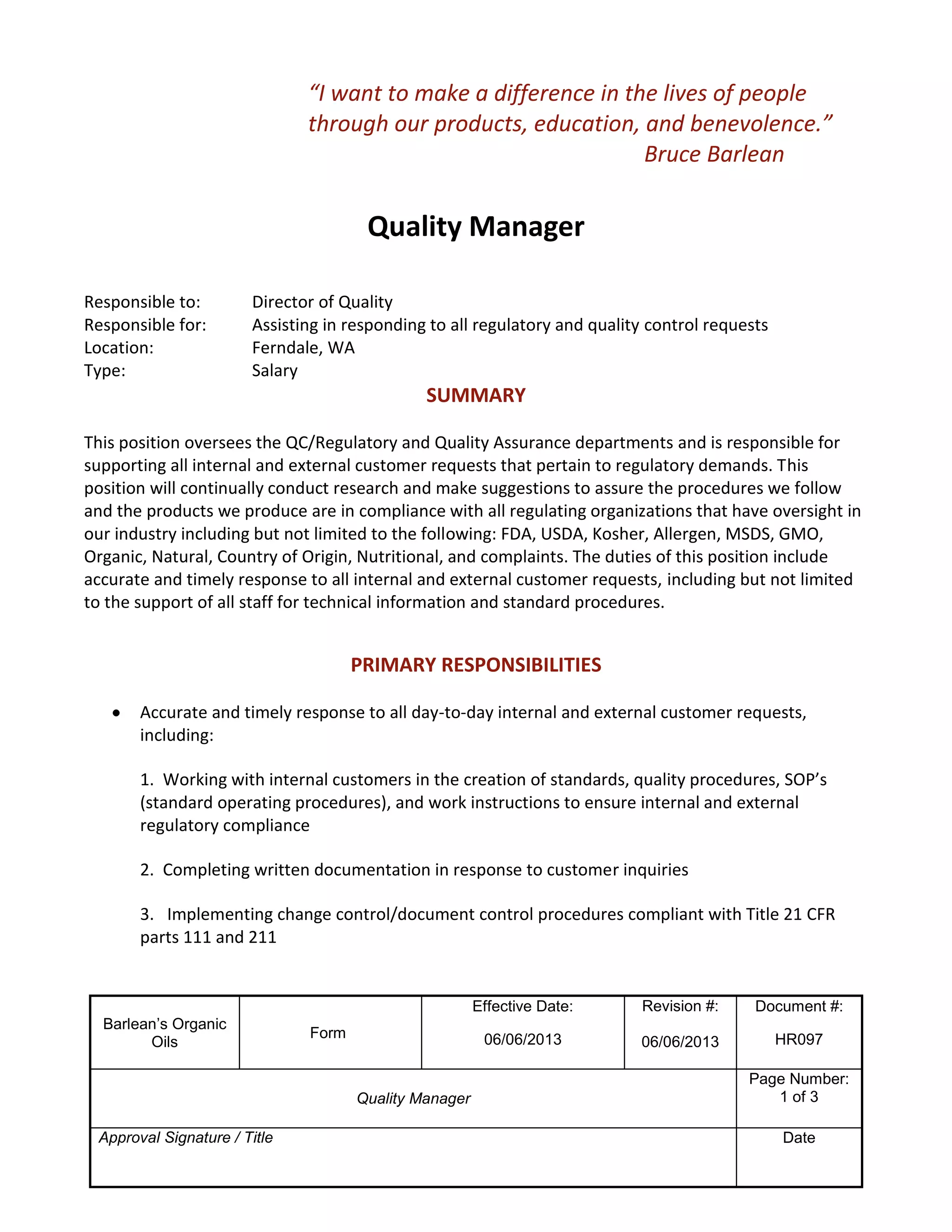 Job Description: Quality Manager | DOCX
