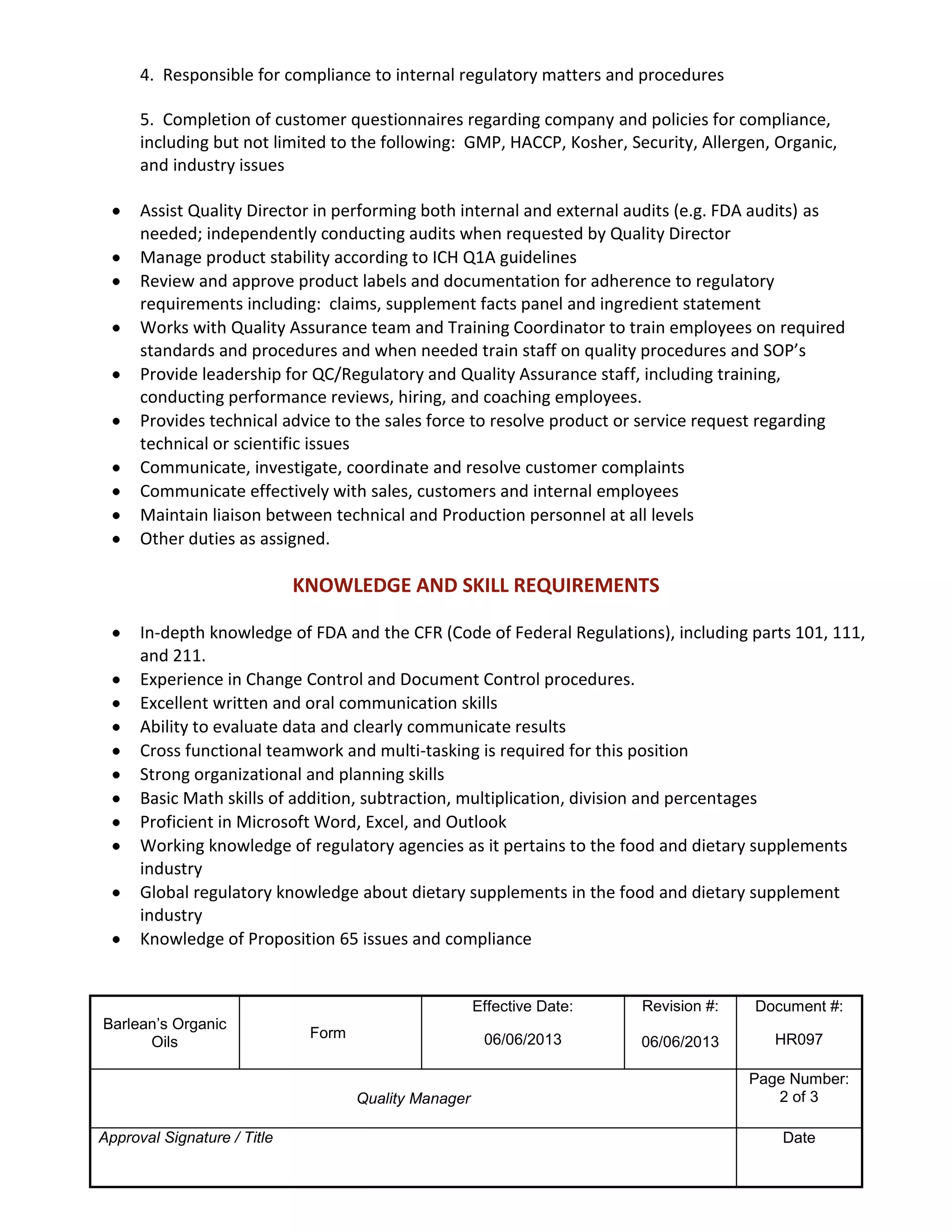 Job Description: Quality Manager | DOCX