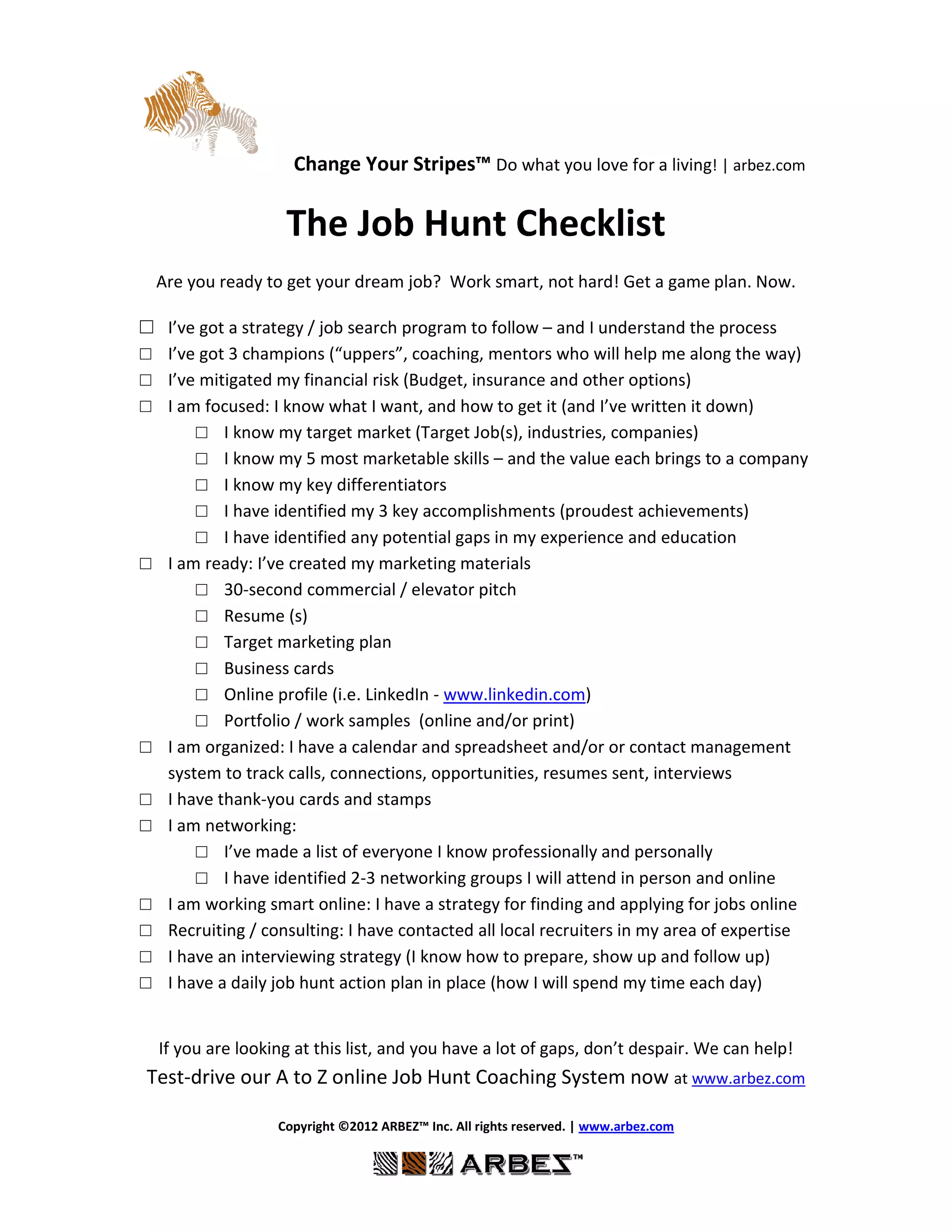 Job hunt checklist are you ready arbez_2013 | PDF