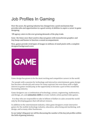Job Profiles In Gaming Industry | PDF