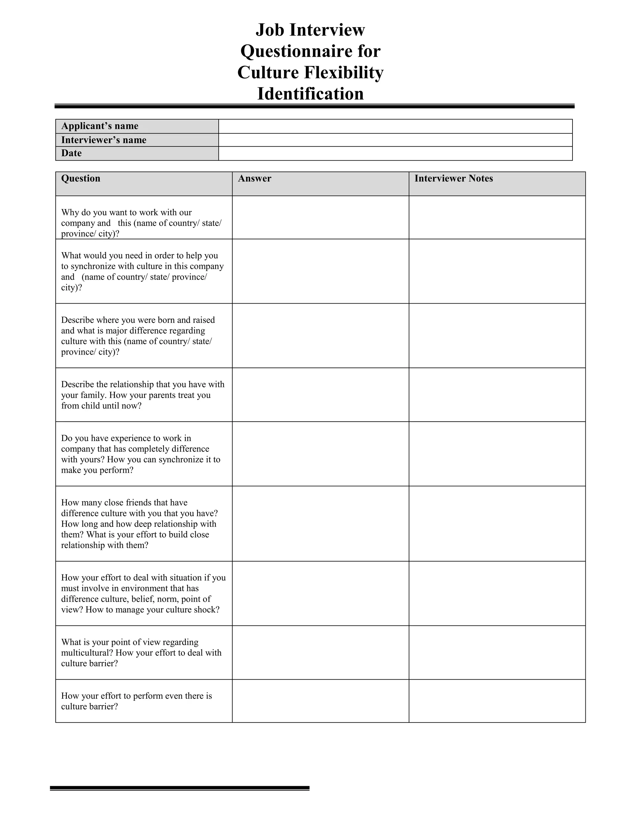 Job interview questionnaire culture flexibility identification by ...