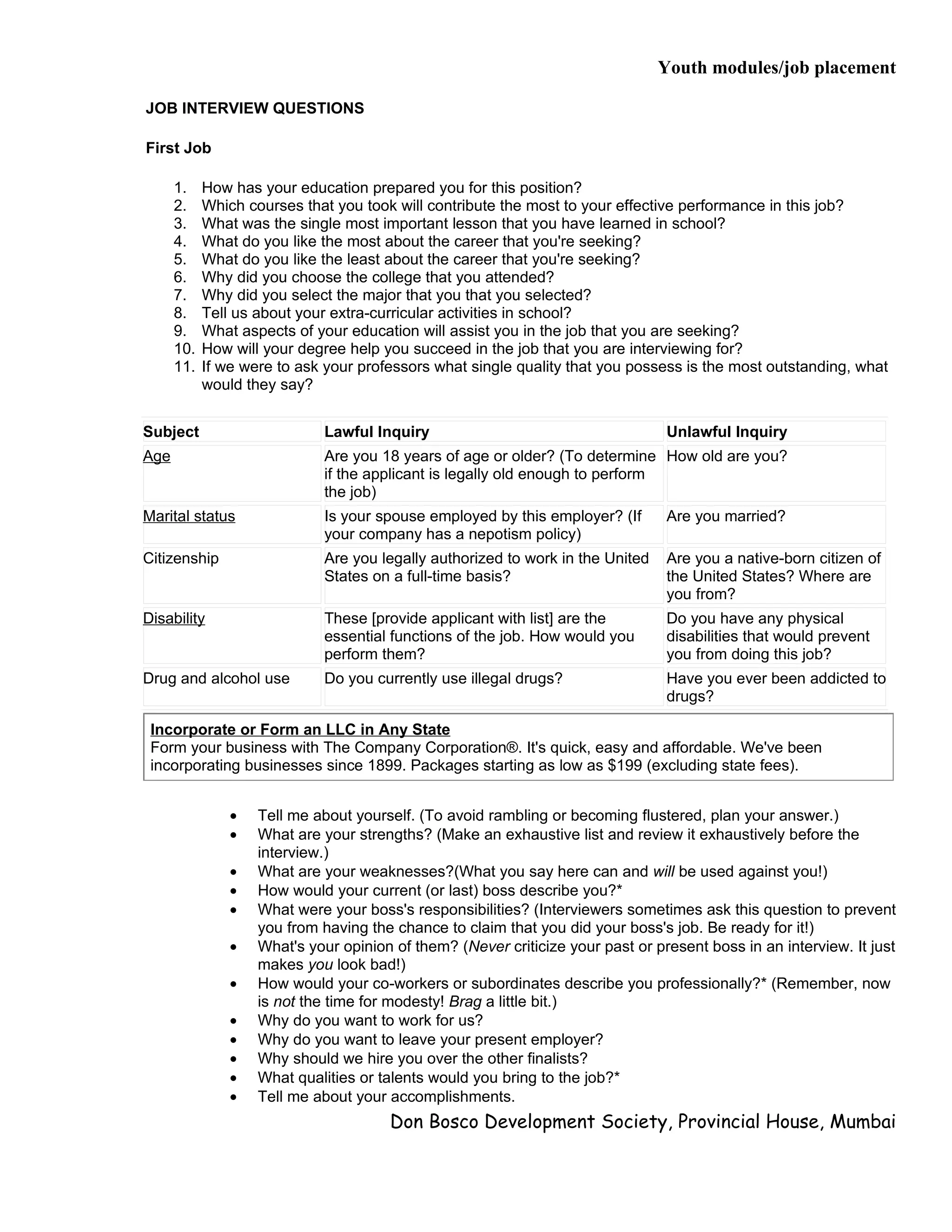 Job Interview Questions | DOC