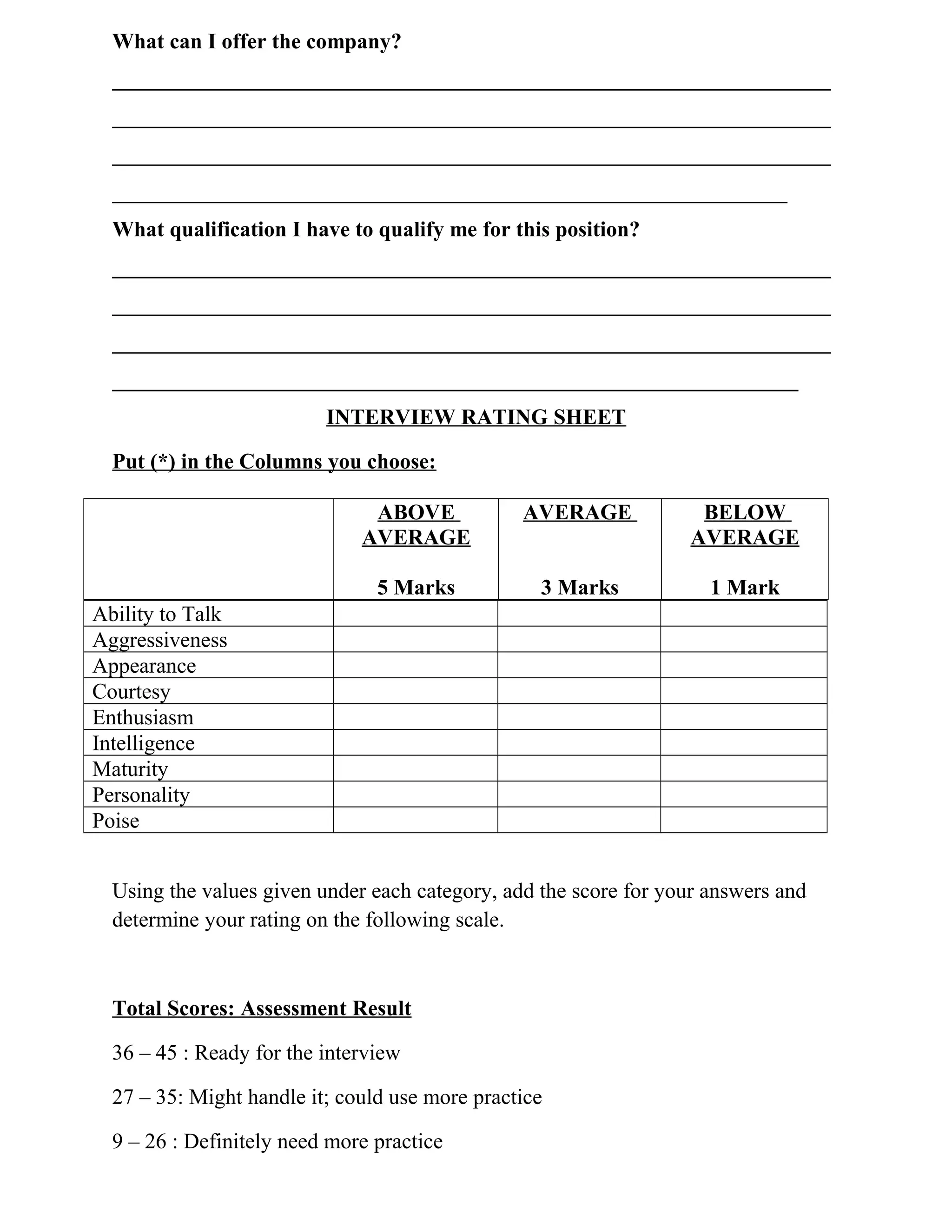 Job interview questions worksheet | DOC