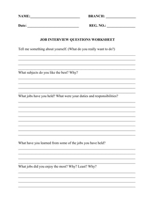 Job interview questions worksheet | DOC
