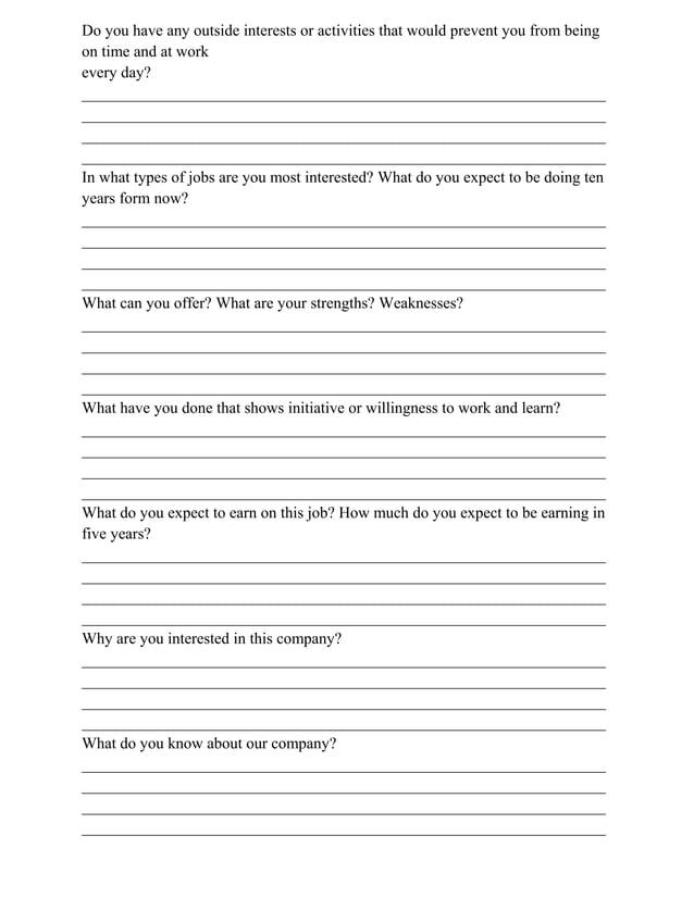 Job interview questions worksheet | DOC | Resume Writing and Advice ...