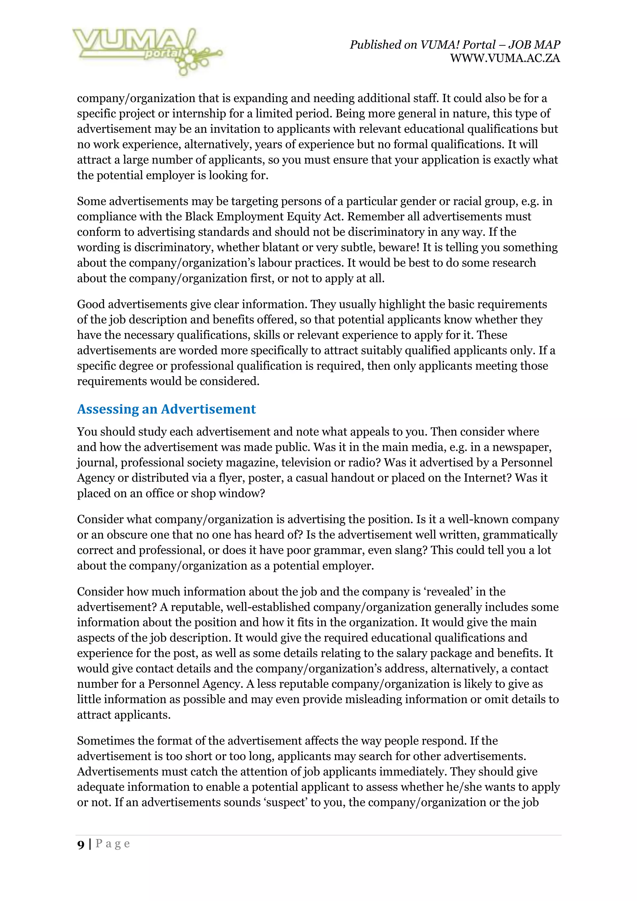 VUMA! Portal Job Map | DOCX