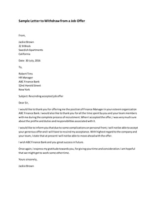 Job Offer Withdrawal Letter Template | DOCX