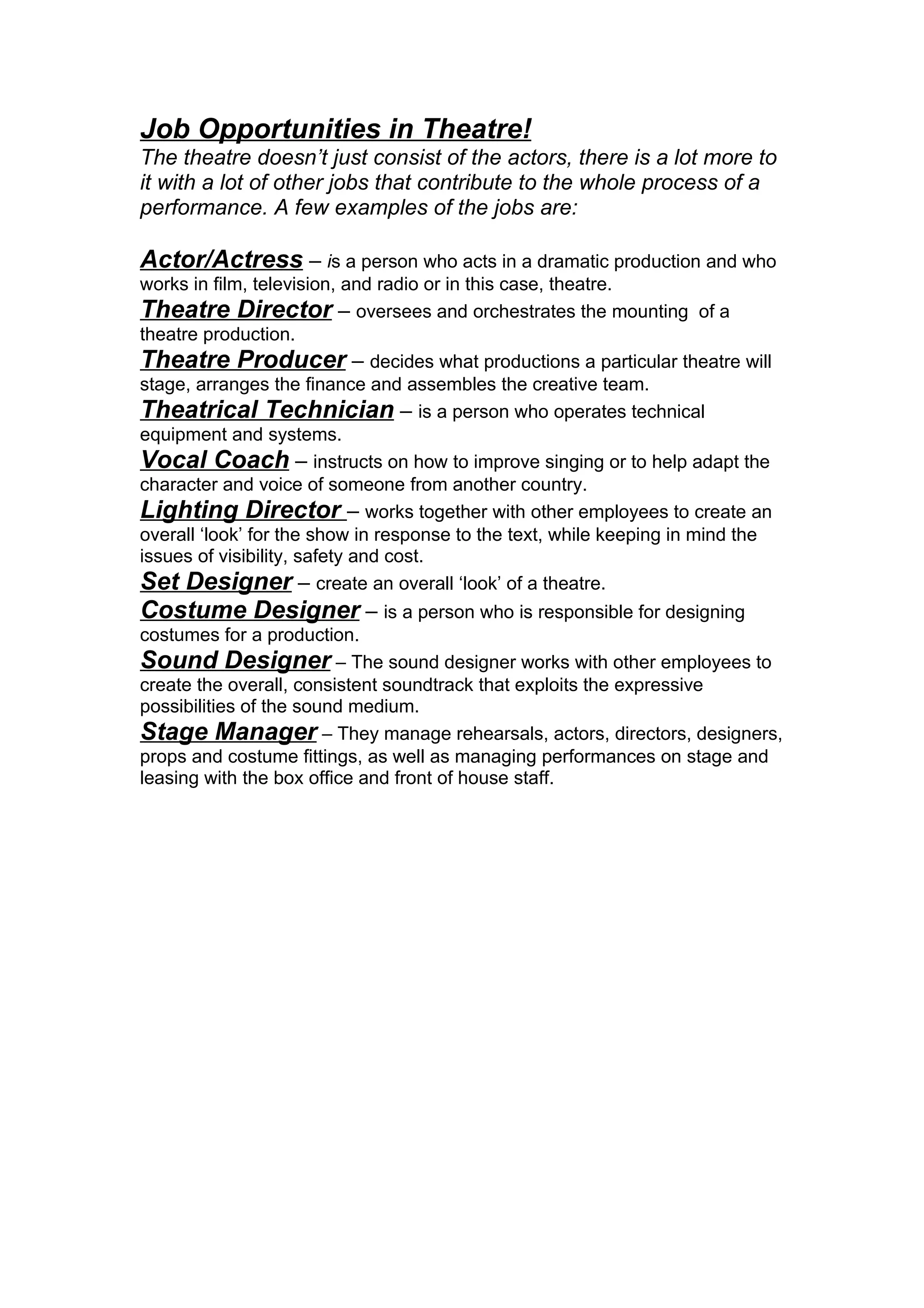 Job Opportunities In Theatre | DOC